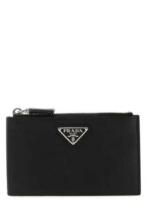 Prada Mini Leather Card Holder With Silver-tone Hardware 13 Cm X 8 Cm X 2 Cm - Black