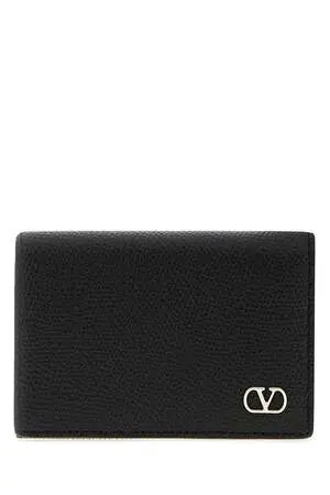 Valentino Garavani Italian Leather Wallet, 11 Cm X 7.5 Cm, Silver-tone Hardware - Black