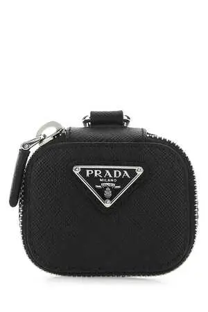 Prada Leather Airpods Case With Silver-tone Hardware - Black
