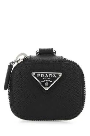 Prada Leather Airpods Case With Silver-tone Hardware - Black