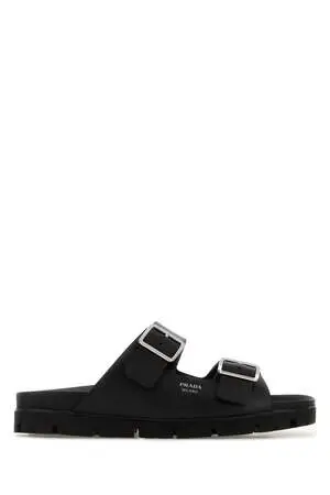Prada Leather Slippers With Rubber Sole - Black