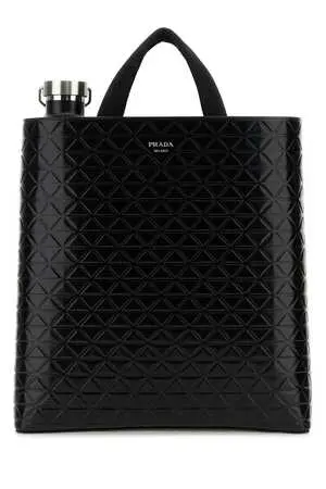 Prada Leather Shopping Handbag With Silver-tone Hardware - Black