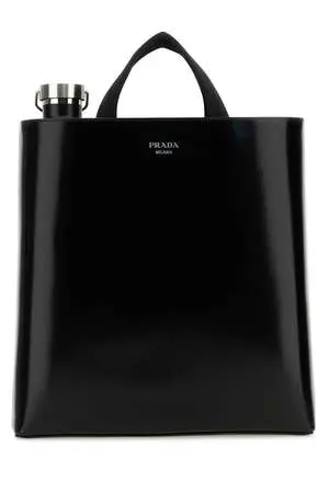 Prada Leather Shopping Handbag With Silver Hardware - Black