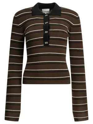 GANNI Striped Wool Polo Sweater - Brown