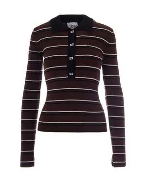 GANNI Striped Wool Polo Sweater - Brown