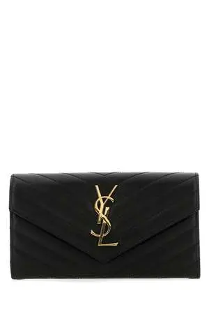 Saint Laurent Mini Leather Wallet, Golden Brass Hardware, 19 Cm X 11 Cm X 2.5 Cm - Black