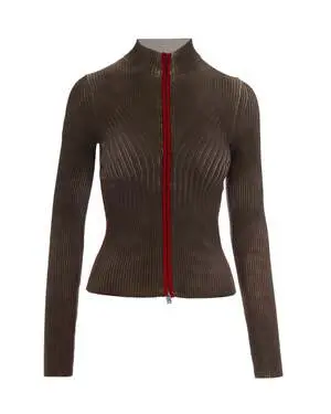 DIESEL® Ribbed Zip Front Mock Neck Sweater - Brown