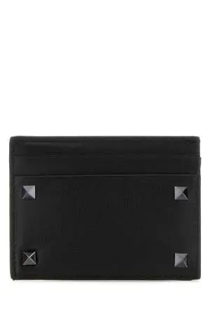 Valentino Garavani Rockstud Leather Card Holder Wallet With Gunmetal Finishing - Black