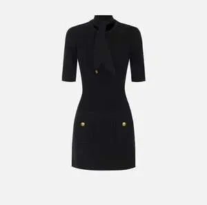 Elisabetta Franchi Knit Dress With Tie Detail And Buttoned Pockets - Nero