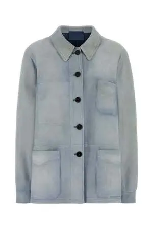 Prada Soft Suede Leather Jacket With Classic Collar - Light Blue