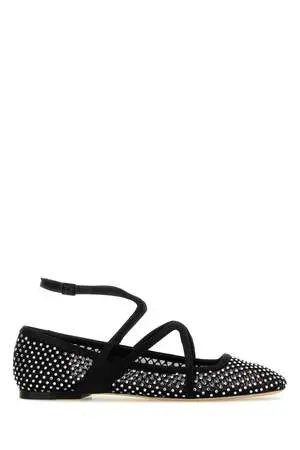 JIMMY CHOO Embellished Mesh Ballerina Flats With Ankle Strap - Black