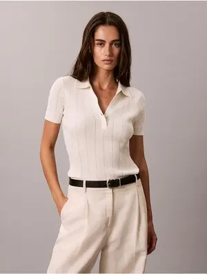 Calvin Klein Smooth Cotton Rib Polo Sweater - Tofu