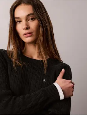 Calvin Klein Cable Knit Tipping Crewneck Sweater - Black