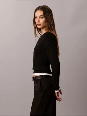 Calvin Klein Cable Knit Tipping Crewneck Sweater - Black