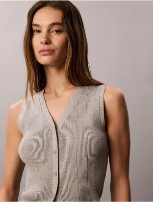 Calvin Klein Ribbed Knit Button-up Tank Top - Grey Heather