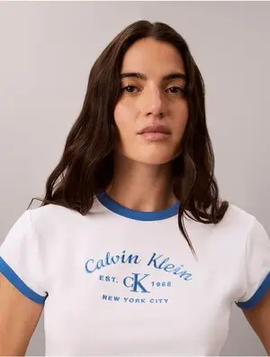 Calvin Klein Stitch Arch Logo Slim Ringer Tee - Bright White