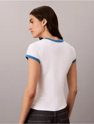 Calvin Klein Stitch Arch Logo Slim Ringer Tee - Bright White
