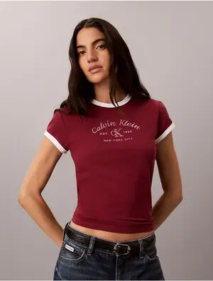 Calvin Klein Stitch Arch Logo Slim Ringer Tee - Rhododendron