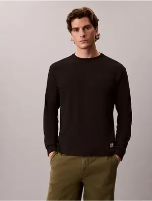 Calvin Klein Woven Monologo Waffle Crewneck Tee - Black