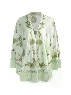 Alice + Olivia Floral-embroidered Fringed Cape - Green