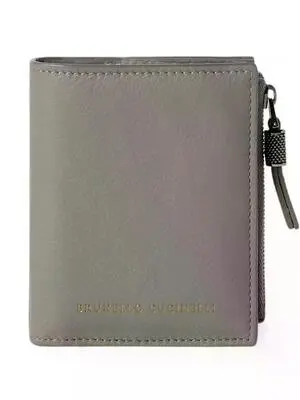 Brunello Cucinelli Grained Calfskin Compact Wallet With Shiny Zipper Pull - Grey