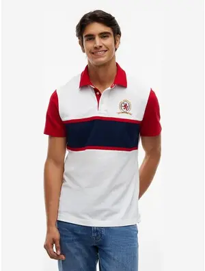 Tommy Hilfiger Regular Fit Crest Logo Colorblock Polo - Ecru