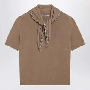 Prada Camel Cashmere Sweater With Jewel Scarf - Cream