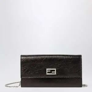 Fendi Tube Continental Wallet With Chain In Cracked Leather - Black
