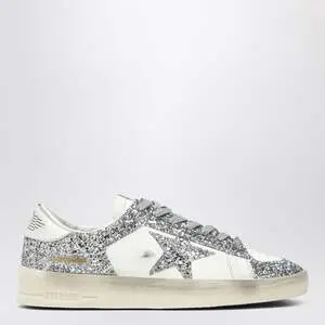 GOLDEN GOOSE Stardan Leather Sneakers With Glitter Accents - Silver