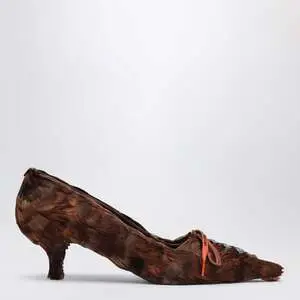 Prada Feather Embellished Satin Pumps - Brown
