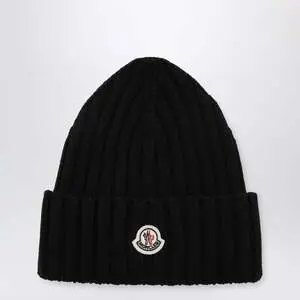 Moncler Cable Knit Wool Beanie With Logo - Black