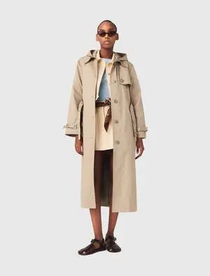Maje Long Cotton Trench Coat With Removable Hood