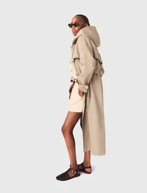 Maje Long Cotton Trench Coat With Removable Hood