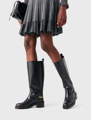 Maje Flat Leather Boots With Gold Chain Detail