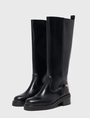 Maje Flat Leather Boots With Gold Chain Detail