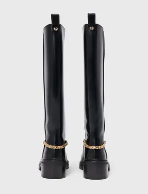 Maje Flat Leather Boots With Gold Chain Detail