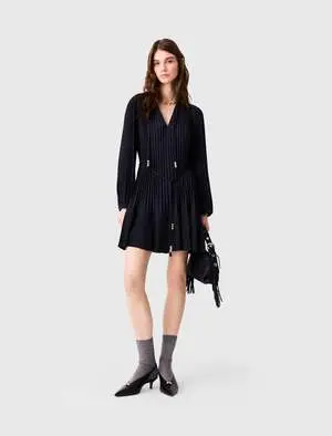 Maje Pleated V-neck Mini Dress With Gold Bead Embellishments