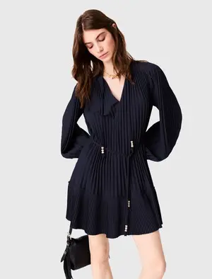 Maje Pleated V-neck Mini Dress With Gold Bead Embellishments