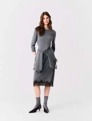 Maje Wool Midi Dress With Lace Trim - Grey/black