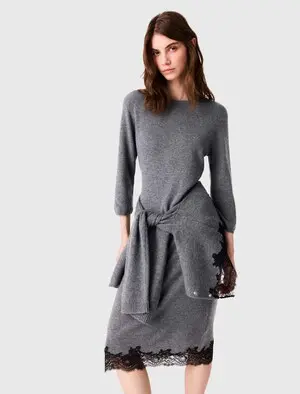 Maje Wool Midi Dress With Lace Trim