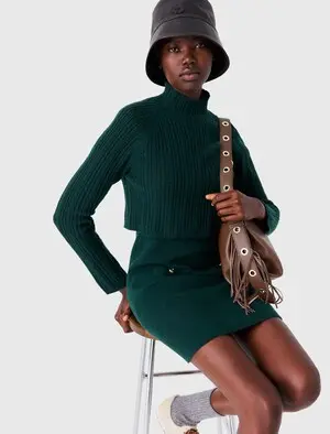 Maje Ribbed Knit 2-in-1 Dress With Gold Button Detail