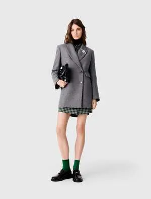 Maje Mid-length Wool Blend Double-breasted Coat With Rhinestone Brooch
