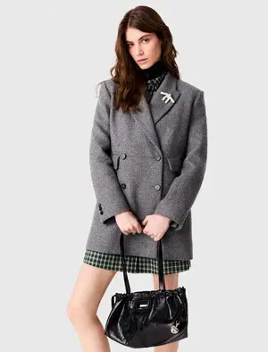 Maje Mid-length Wool Blend Double-breasted Coat With Rhinestone Brooch