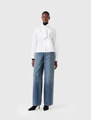 Maje Cotton Shirt With Removable Pussy Bow And Scalloped Trim