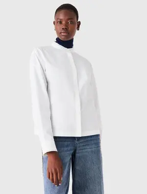 Maje Cotton Shirt With Removable Pussy Bow And Scalloped Trim