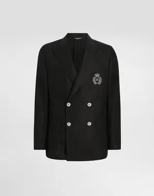 Dolce & Gabbana Double-breasted Linen Jacket With Patch - Black