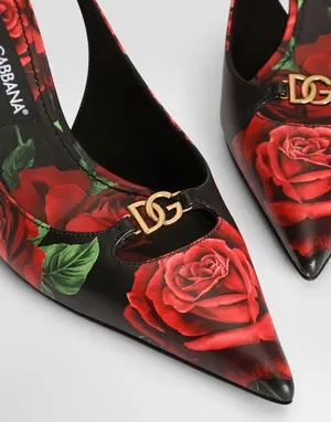 Dolce & Gabbana Rose-print Calfskin Slingbacks