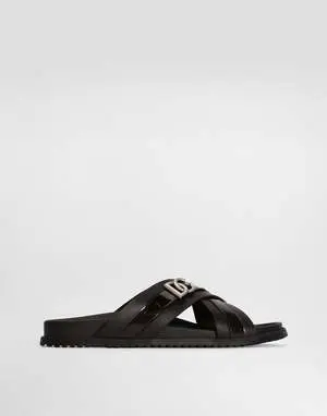 Dolce & Gabbana Leather And Patent Leather Criss-cross Slides With Dg Logo - Multicolor