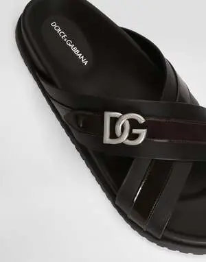Dolce & Gabbana Leather And Patent Leather Criss-cross Slides With Dg Logo - Multicolor