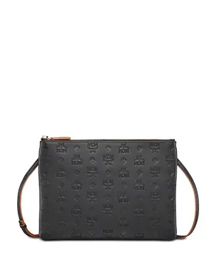 Mcm Aren Logo Embossed Leather Pouch - Black